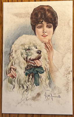 A/S Signed Simonetti, Beautiful Woman With Large White Dog, ca 1910 ...