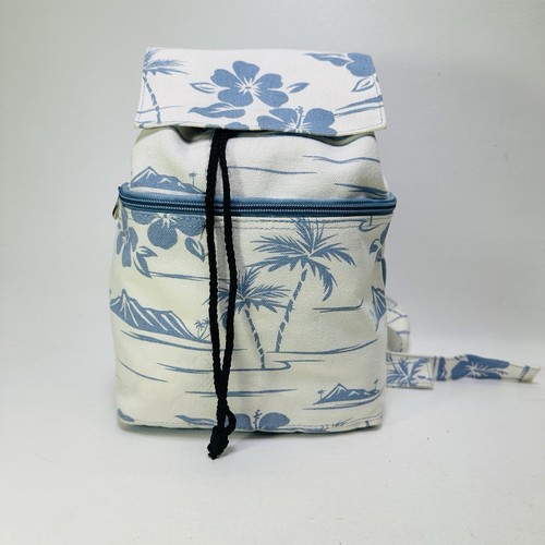 Hawaiian Backpack Mini Blue Floral Cotton Canvas Drawstring Zip Split ...