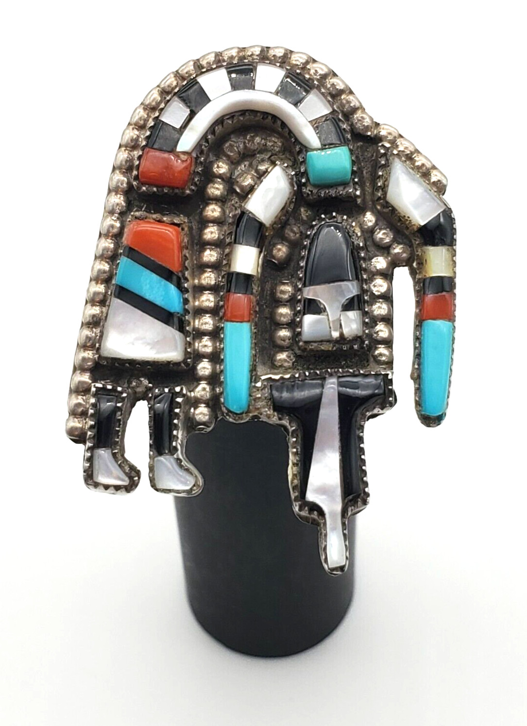 Vintage Zuni Rainbow Man Silver Inlaid Ring by H E Ca… - Gem