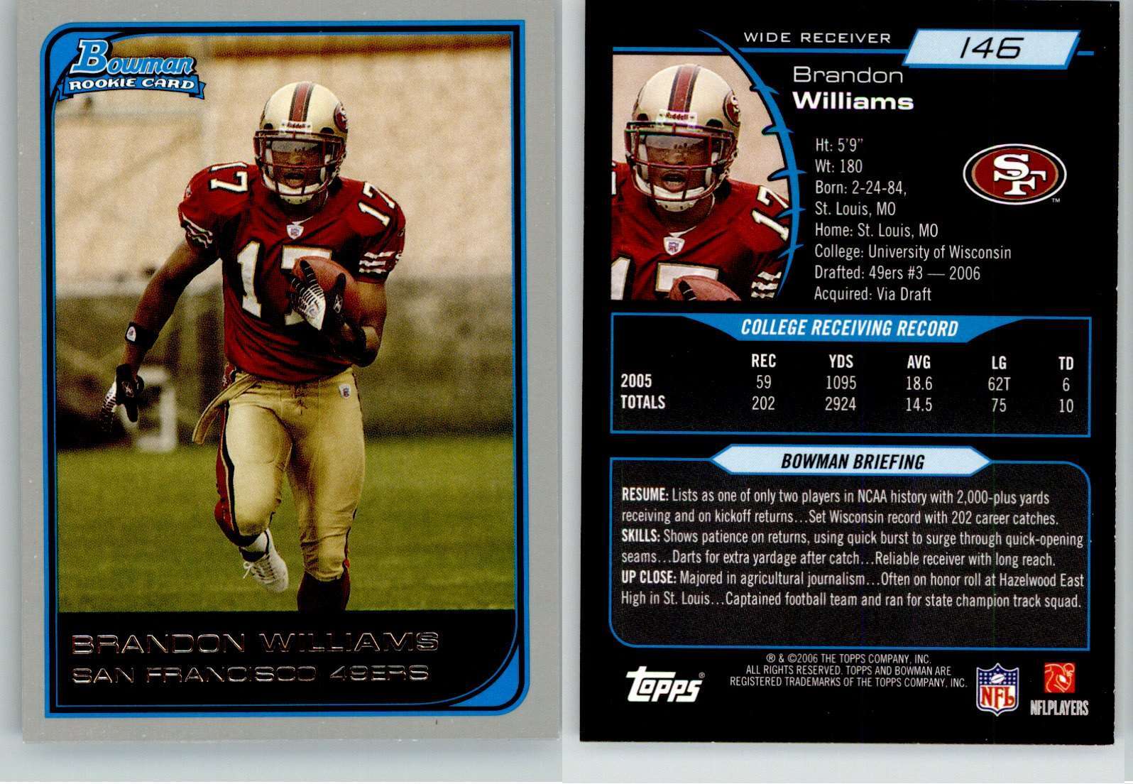 Brandon Williams 2006 Bowman #146 Wisconsin 49ers RC Rookie | eBay