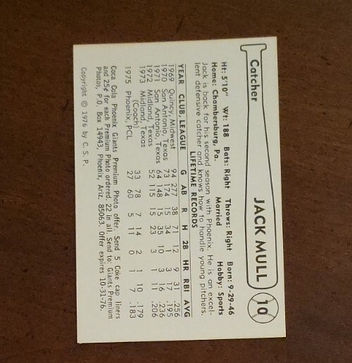 RARE 1976 Coca-Cola Phoenix Giants JACK MULL #10 MINOR LEAGUE CARD | eBay