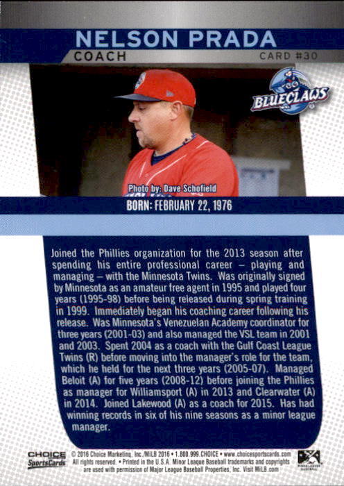 2016 Lakewood BlueClaws Choice #30 Nelson Prada Maracay Venezuela ...