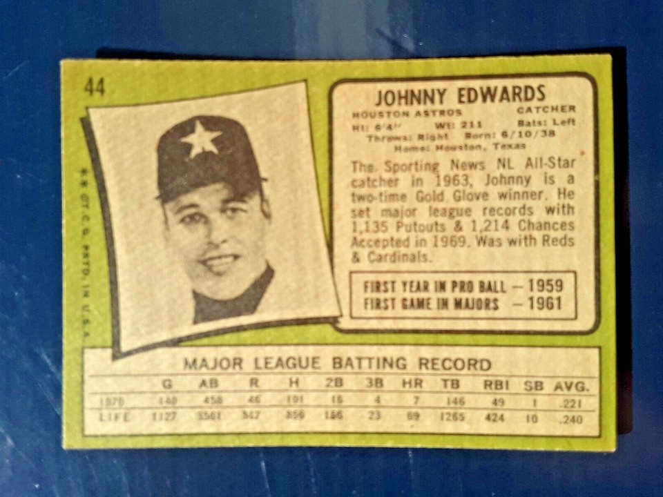 1971 Topps Baseball #44 Johnny Edwards - Houston Astros - EX+ | eBay