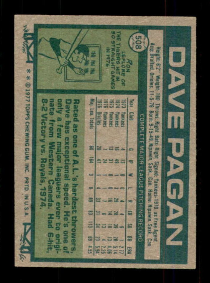 1977 Topps #508 Dave Pagan EXMT Mariners 227778 | eBay