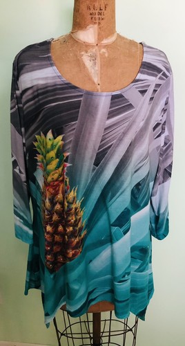 SUN BAY MISSY TUNIC TOP LARGE PINEAPPLE PRINT RHINESTONES ASYMMETRIC ...