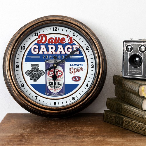 Personalised Garage Clock STP Oil Car Mechanic Round Hanging Wall Gift ...