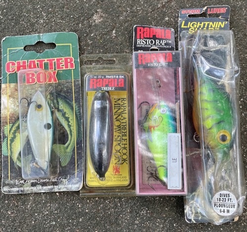 Lot Of 4 Vtg Fishing Lures Chatter Box Lightening Shad Risto Rap Spoon ...
