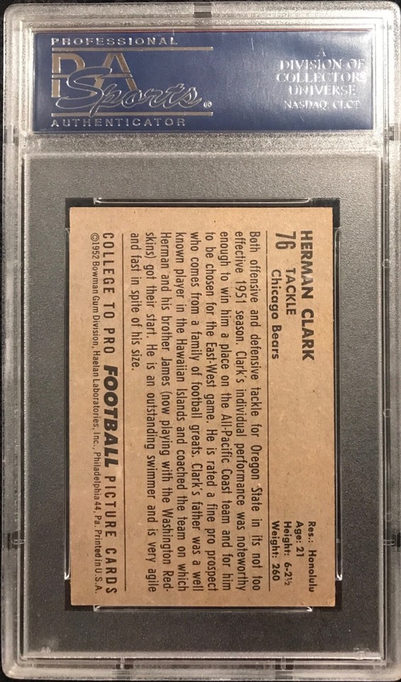 1952 Bowman Small Football Card #76 HERMAN CLARK Chicago Bears PSA 6 ...