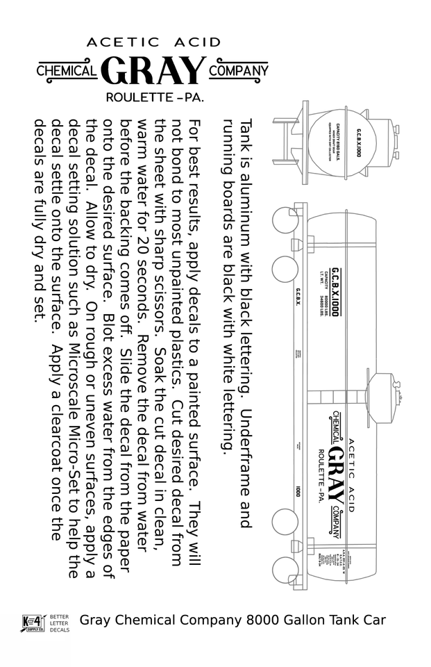 K4 HO Scale Decals Gray Chemical Company Acetic Acid Tank Car Roulette ...