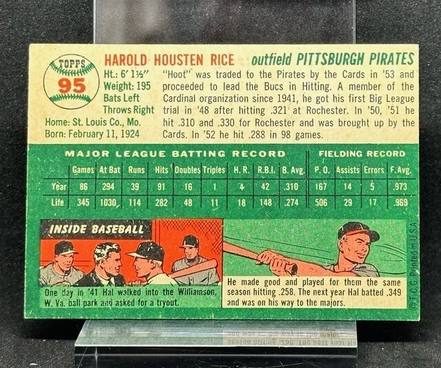 Hal Rice 1954 Topps Baseball Pittsburgh Pirates Outfield Card No# 95 ...
