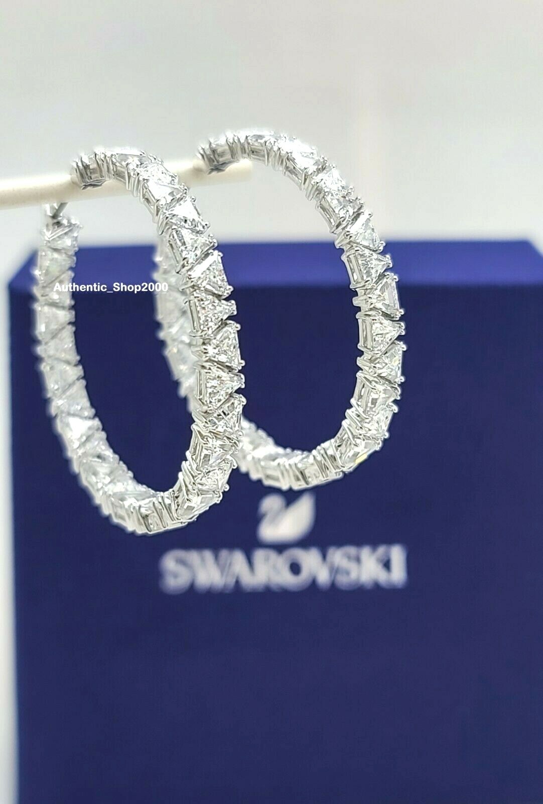 100% SWAROVSKI Rhodium White Triangle Crystals Millenia Hoop Earrings ...