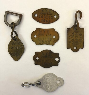 Lot of 6 Vintage 30s 40s 70s Dog License Tag Rabies NY Brass Aluminum ...