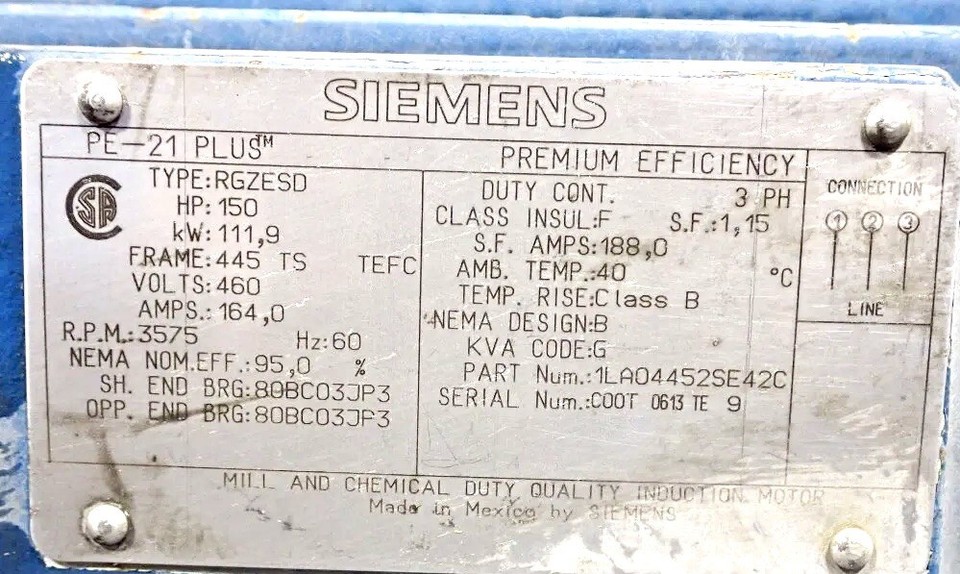 SIEMENS 1LA04452SE42C ELECTRIC MOTOR 150HP 460V 3PH 3575RPM 445TS FR ...