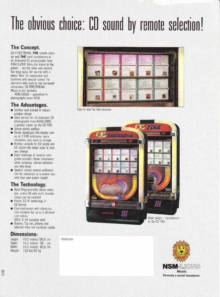 N.S.M. NSM CD Firestream Wallbox (1989/1990) juke box jukebox Flyer ...