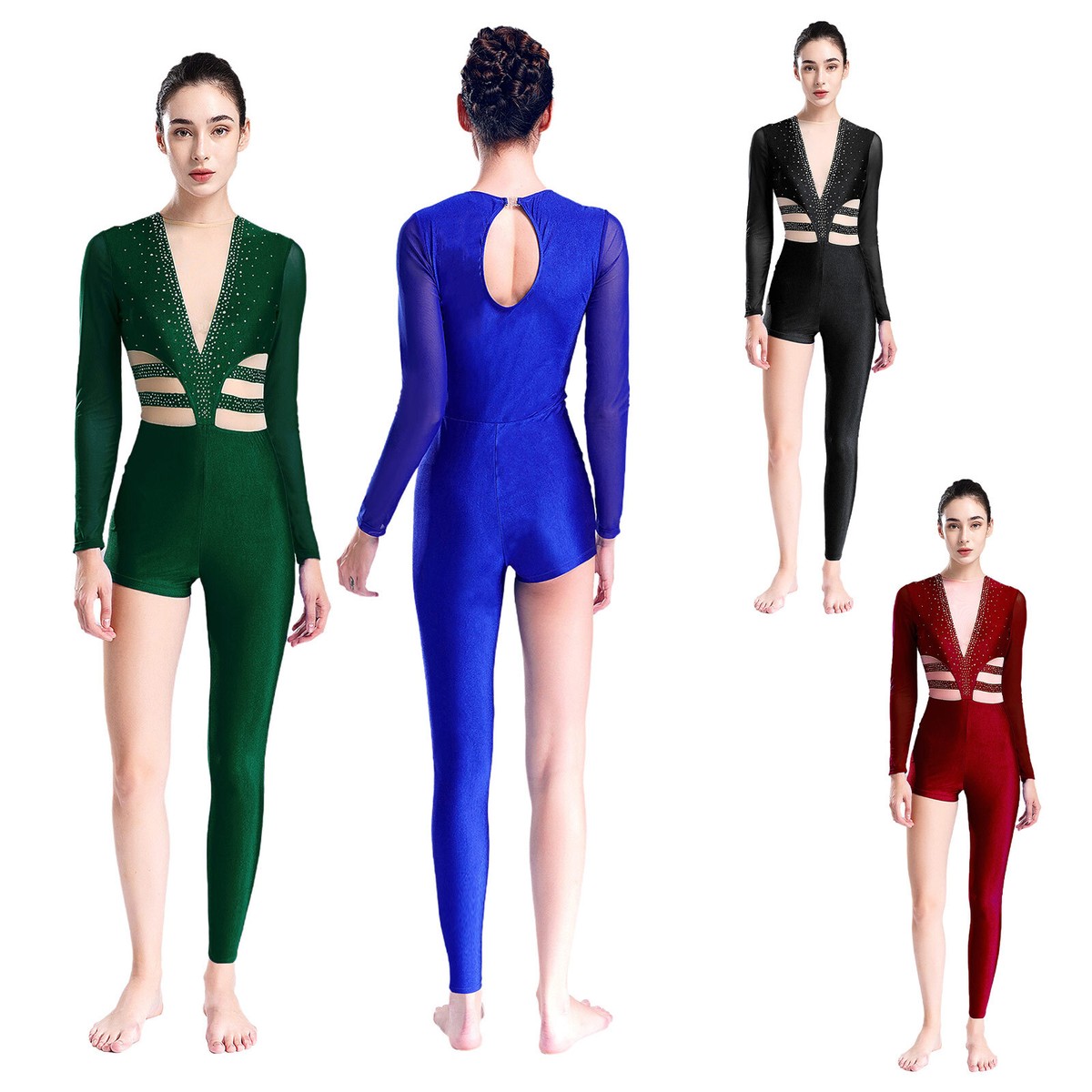 Black Performance Bodysuit Women's Gradient Color Block Rhinestone ...