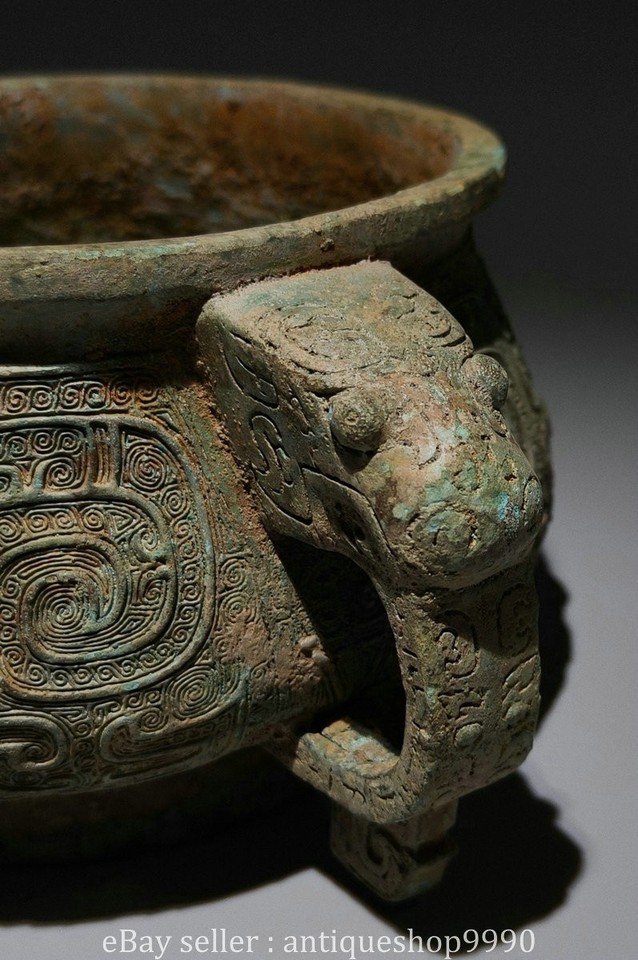 9.2" Old Chinese Dynasty Bronze Ware Beast Face Pattern 2 Handle ...