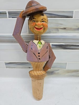 Vintage German Anri Mechanical Carved Wood Cork Wine Stopper - Man ...