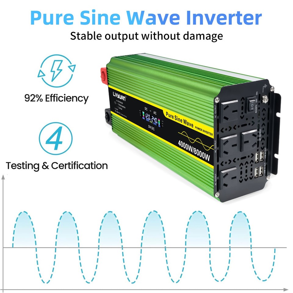 4000W 8000W Power Inverter Pure Sine Wave DC 12V to AC 240V RV ...