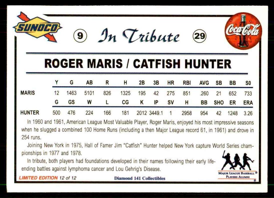 2001 Sunoco Dream Team Roger Maris/Catfish Hunter 101 Baseball Cards ...