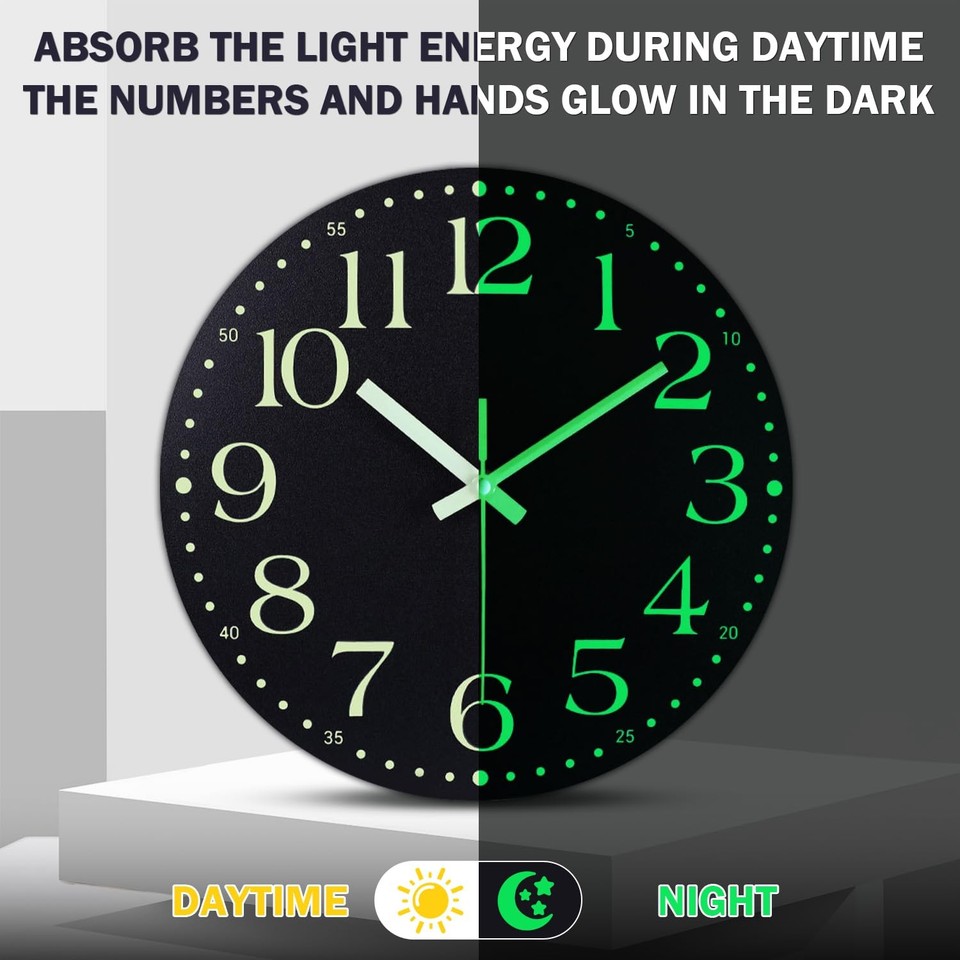 Wall Clock, 12 Inch Battery Operated Glow in Dark Night Light Wall ...