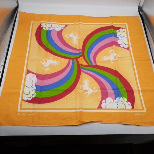 21x23 Vintage Made USA Rainbow Unicorn Handkerchief Scarf Yellow ...
