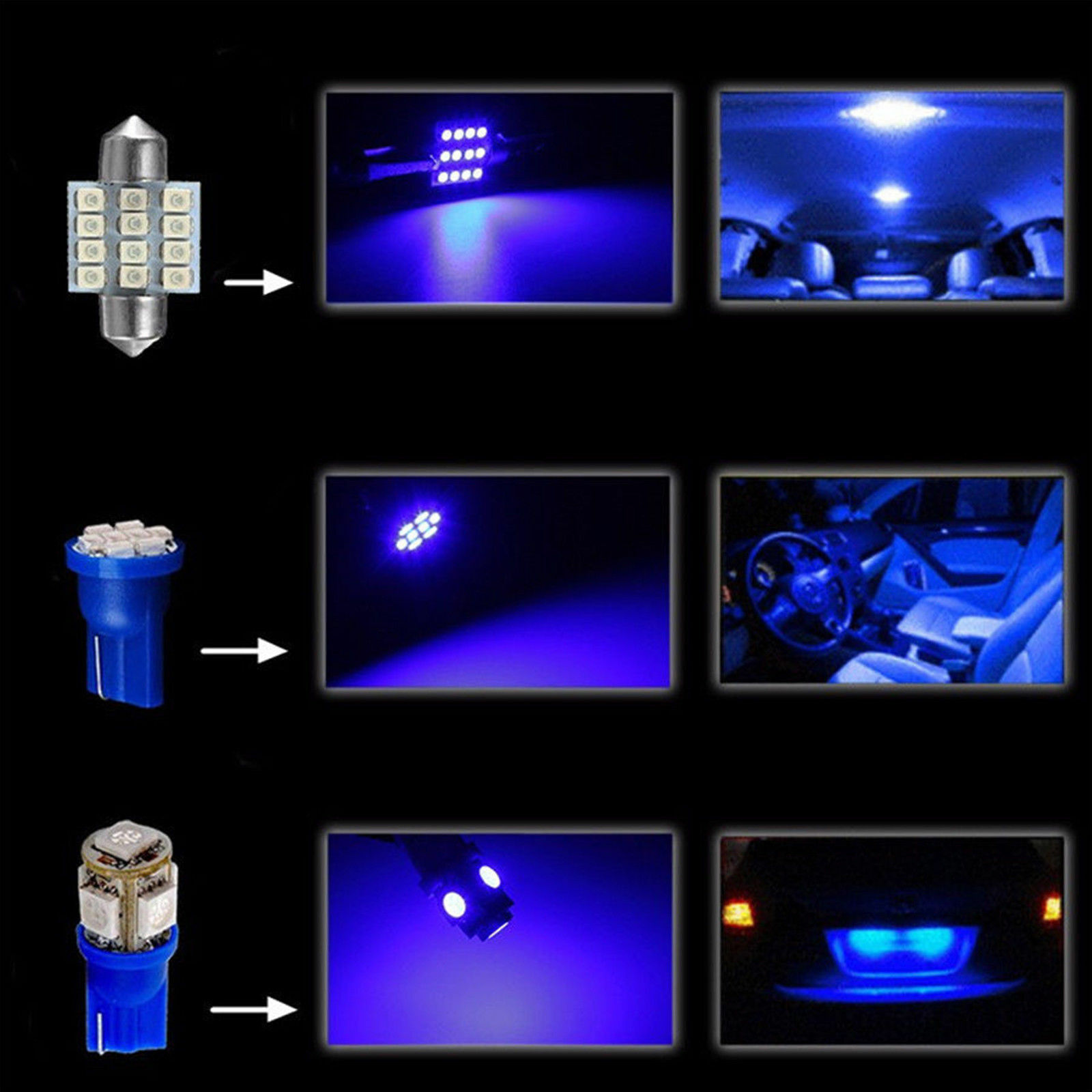 13x Blue LED T10 & 31mm Festoon Bulbs Packge Kit for Interior Map ...