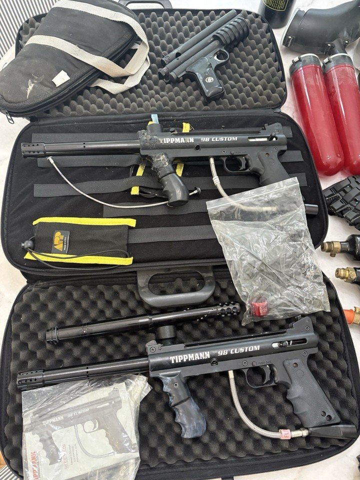 Two Tippmann 98 Custom & Sheridan PGP guns Lot w/ Hard Cases Tanks ...