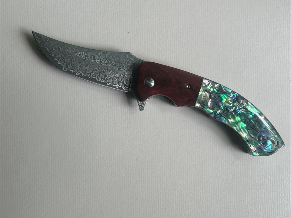 Stauer Damascus folding pocket knife with abalone & Wood Handle NIB | eBay