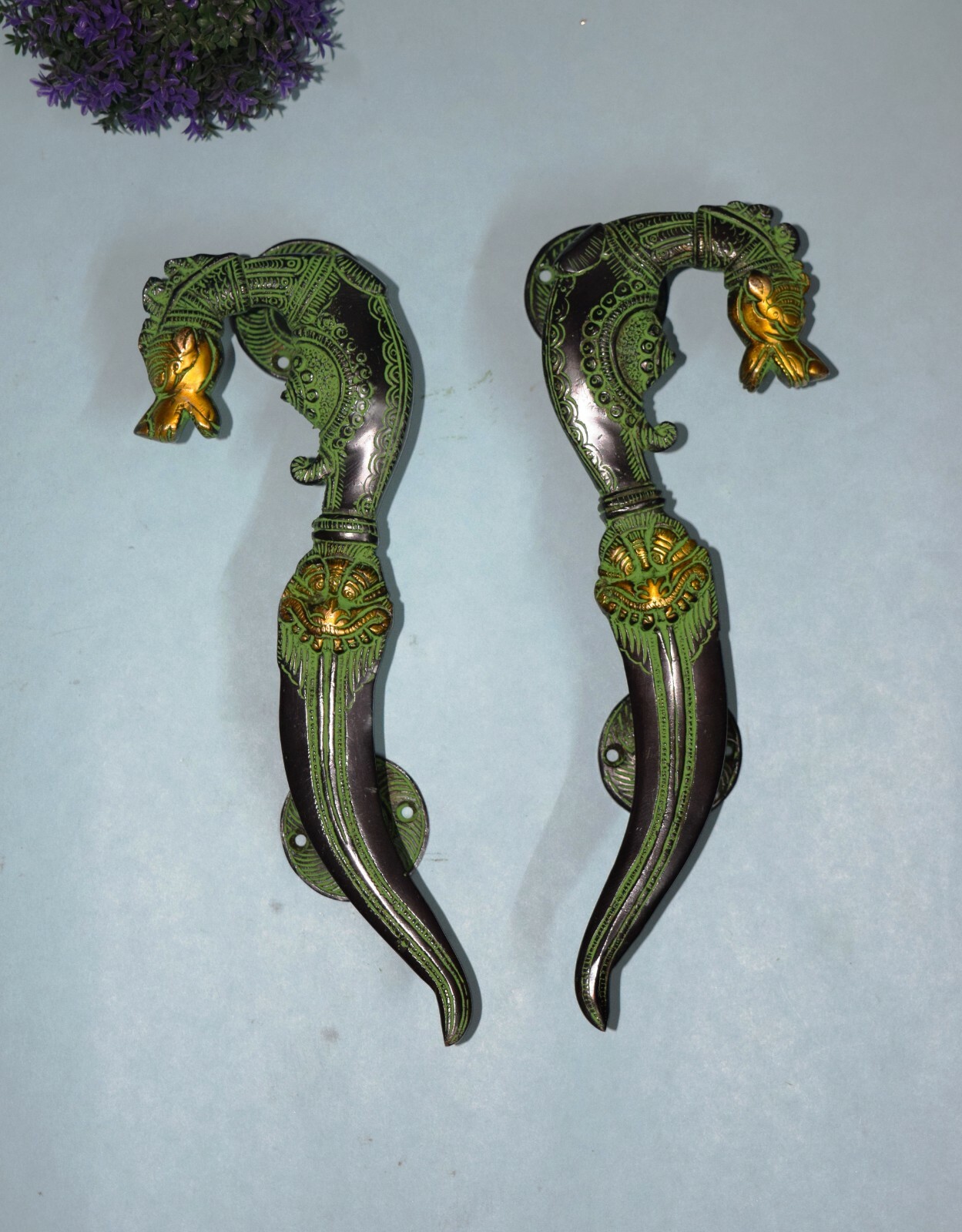 Brass Thunder Dragon Shape Handle Set Handmade Engraved Yali Face Door ...