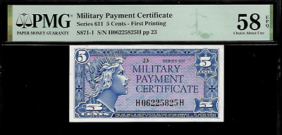 US MPC 5 Cents PMG 58 EPQ P#S871 Series 611 First Printing Used in 1964 ...
