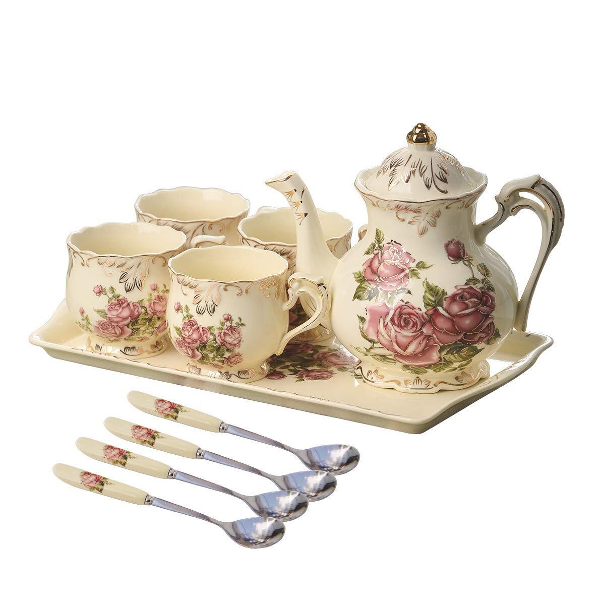 Porcelain Tea Set Vintage Rose Tea Cups With Teapot Serving Tray And ...
