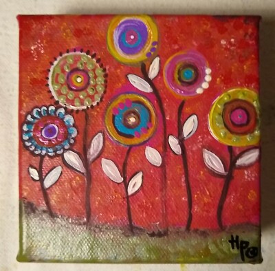 SMALL SQUARE PAINTING on Canvas ORIGINAL Abstract Flowers Pink Multi ...