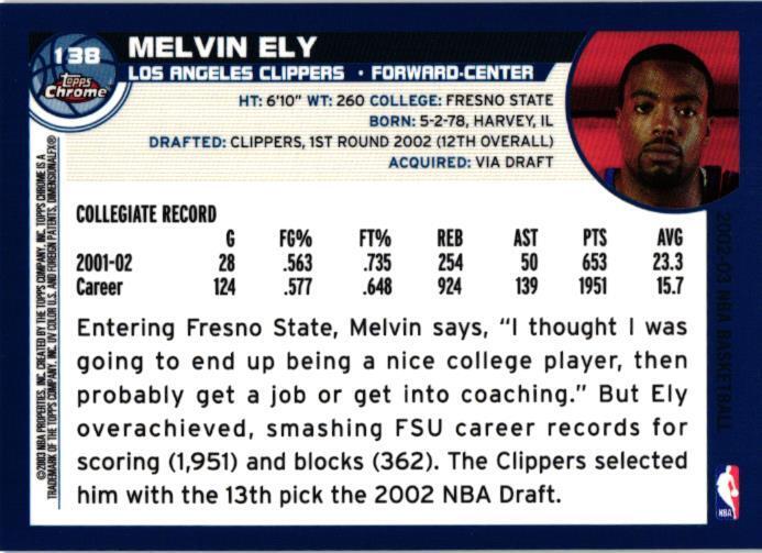 2002-03 Topps Chrome #138 Melvin Ely | eBay