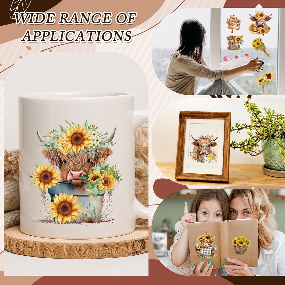 Highland Cow Rub on Transfers for Crafts - 9 Sheets Sunflower Rub on ...