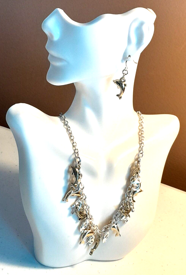 Dolphin Love w/ Gold & Silver Tone 18" Chain Necklace & Drop/Dangle ...