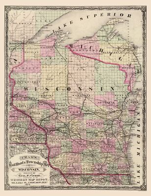 Railroad Map - Wisconsin Railroads and Townships - Cram 1875 - 23 x 29. ...