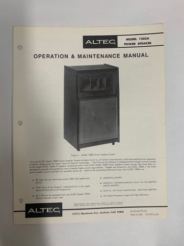 Original Vtg Altec 1203A Power Speaker Operations & Maintenance Manual (A3) | eBay