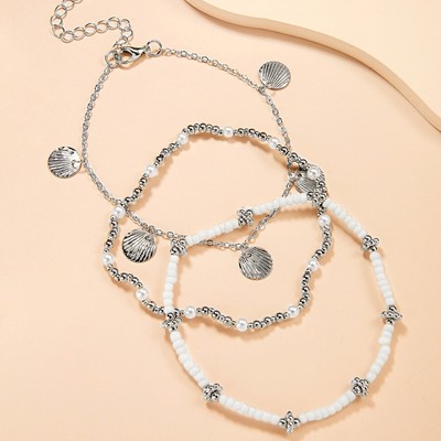 3Pc Ankle Bracelet Set Featuring Bohemian Scallop Design with Pearl ...