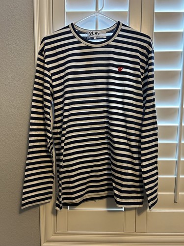 NWT CDG COMME DES GARSONS BLUE WHITE STRIPE SMALL HEART LONG SLEEVE ...