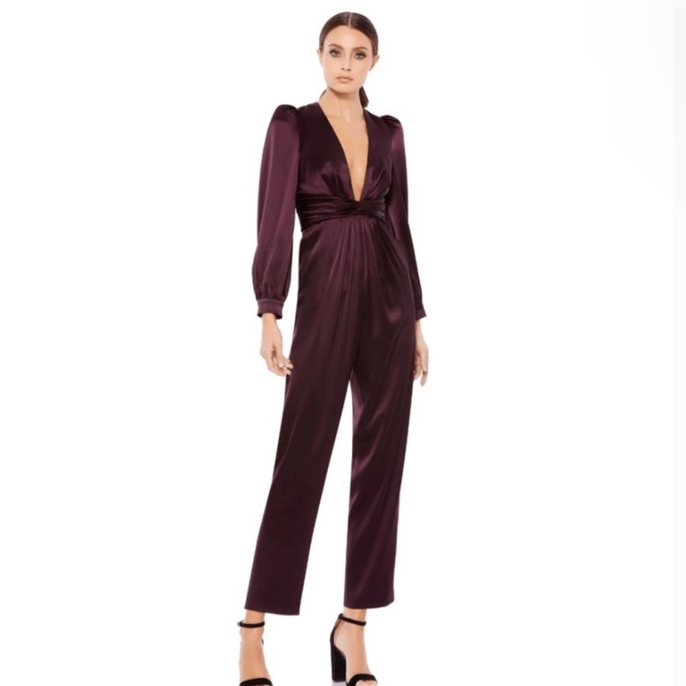 Nwt Ieena Mac Duggal Front Twist Puff Sleeve Jumpsuit Plum Size 4 Ebay
