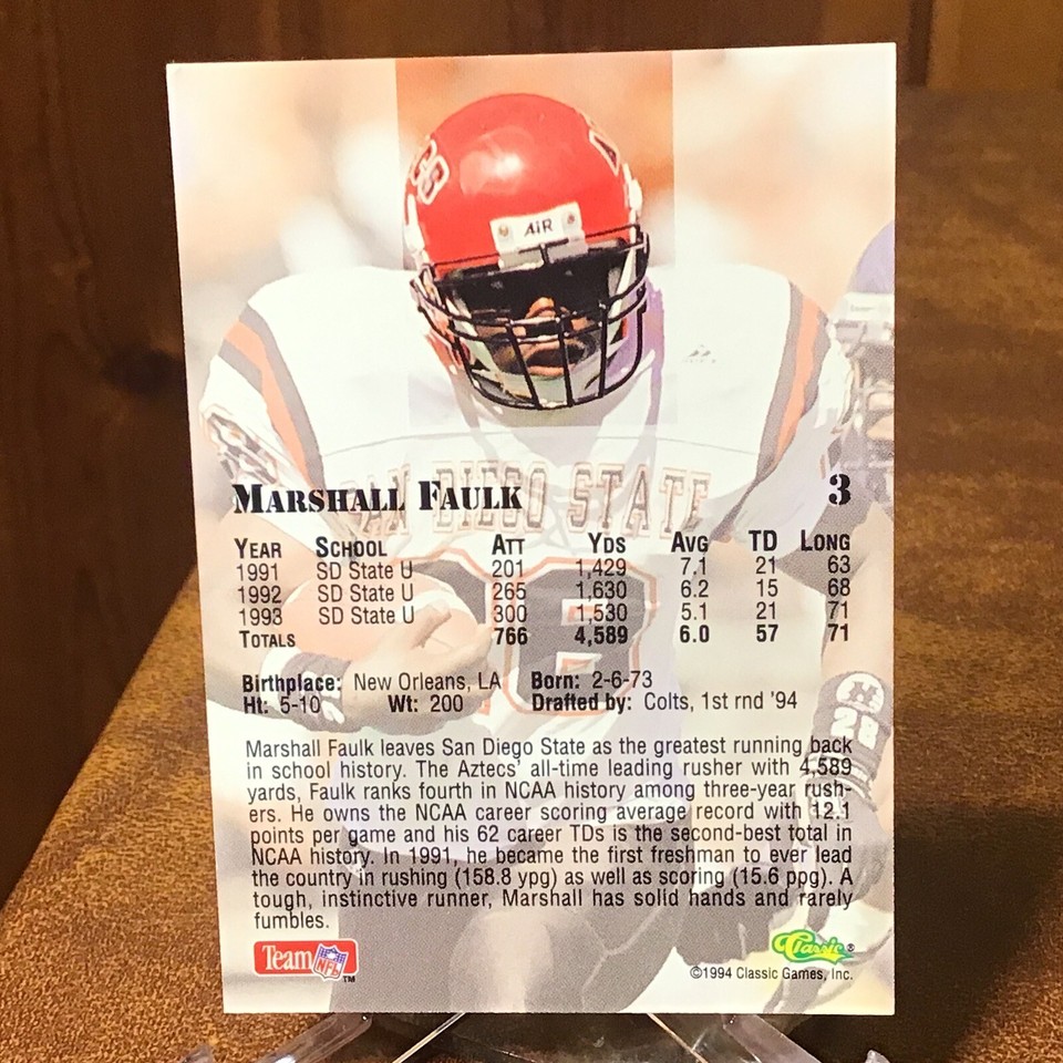 1994 Classic Football Draft Card #3 Marshall Faulk RC Rookie Aztecs -NM ...