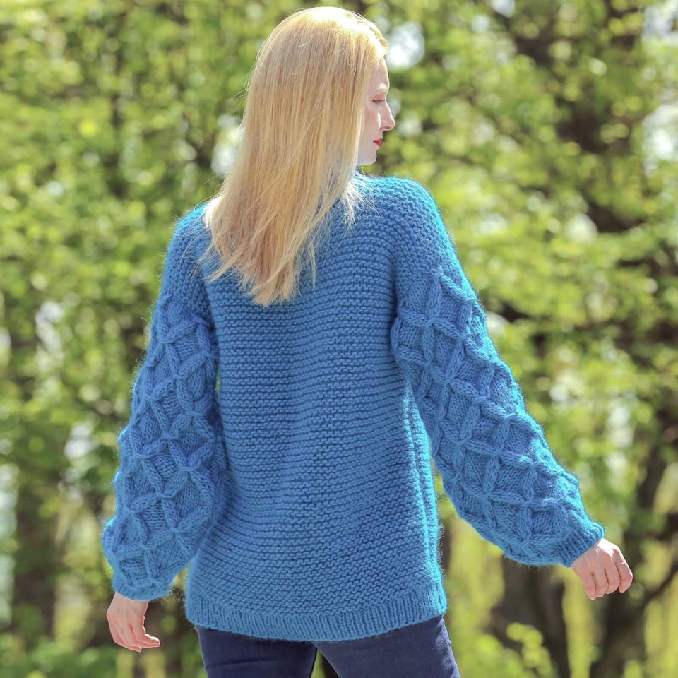Blue wool sweater 100% natural soft wool cable pullover SuperTanya M-L ...