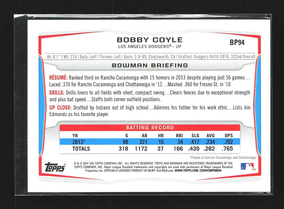2014 Bowman #BP94 Bobby Coyle Prospects Purple Los Angeles Dodgers | eBay