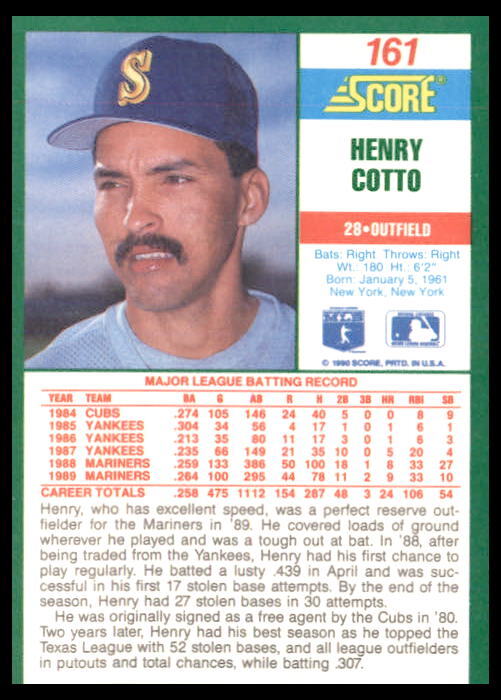 1990 Score #161 Henry Cotto Seattle Mariners Baseball Card | eBay