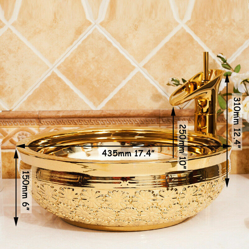 Gold Ceramic Bathroom Basin Vessel Sink Mixer Faucet Tap Pop-up Drain ...