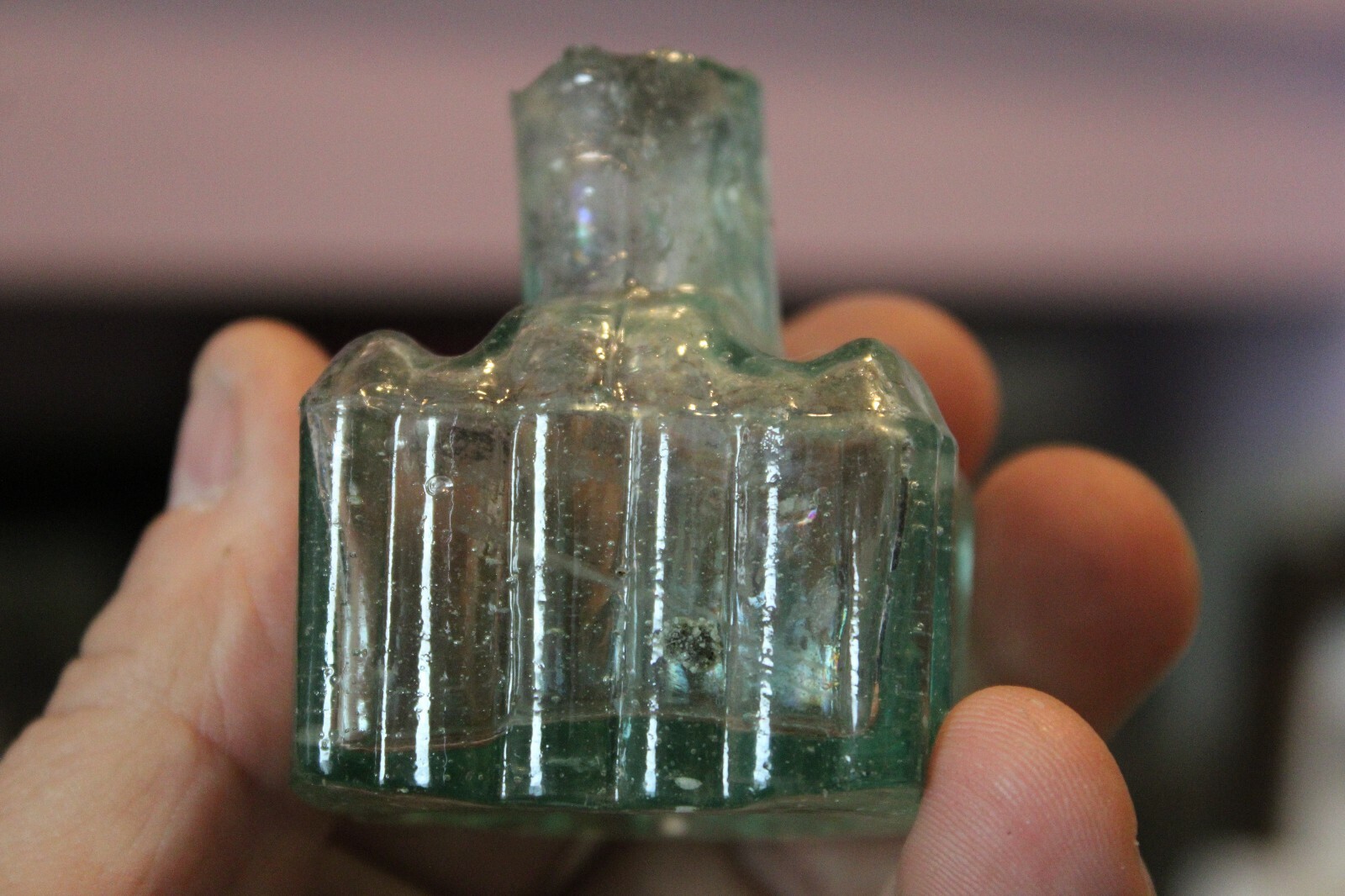 Antique, Square, Mint Blue, Double Pen Rest, Sheared Rim, Ink Well ...