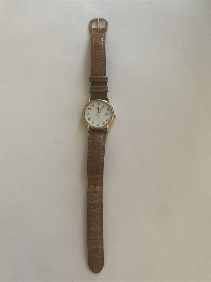 Vtg Bulova Quartz Watch Women Gold Tone Date Brown Leather Band Works ...