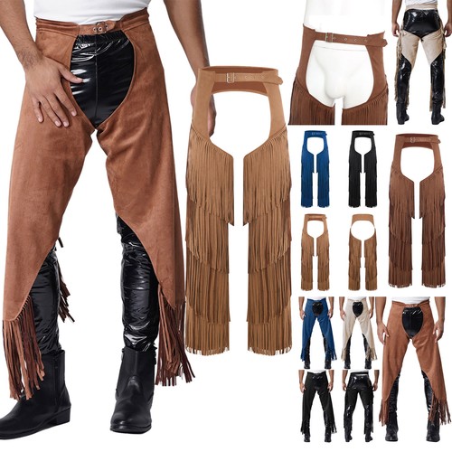 Mens Tassel Cowboy Chaps Buckled Waist Fuax Suede Hollow Out Pants AU ...