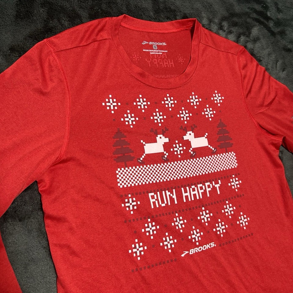 Brooks Run Happy Red Long Sleeve Shirt Men’s Small Running Holiday ...