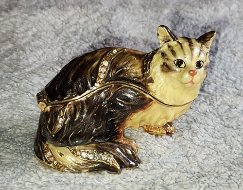 Rucinni Longhair Tabby Cat Bejeweled Crystal Enamel Metal 2.75" Trinket ...